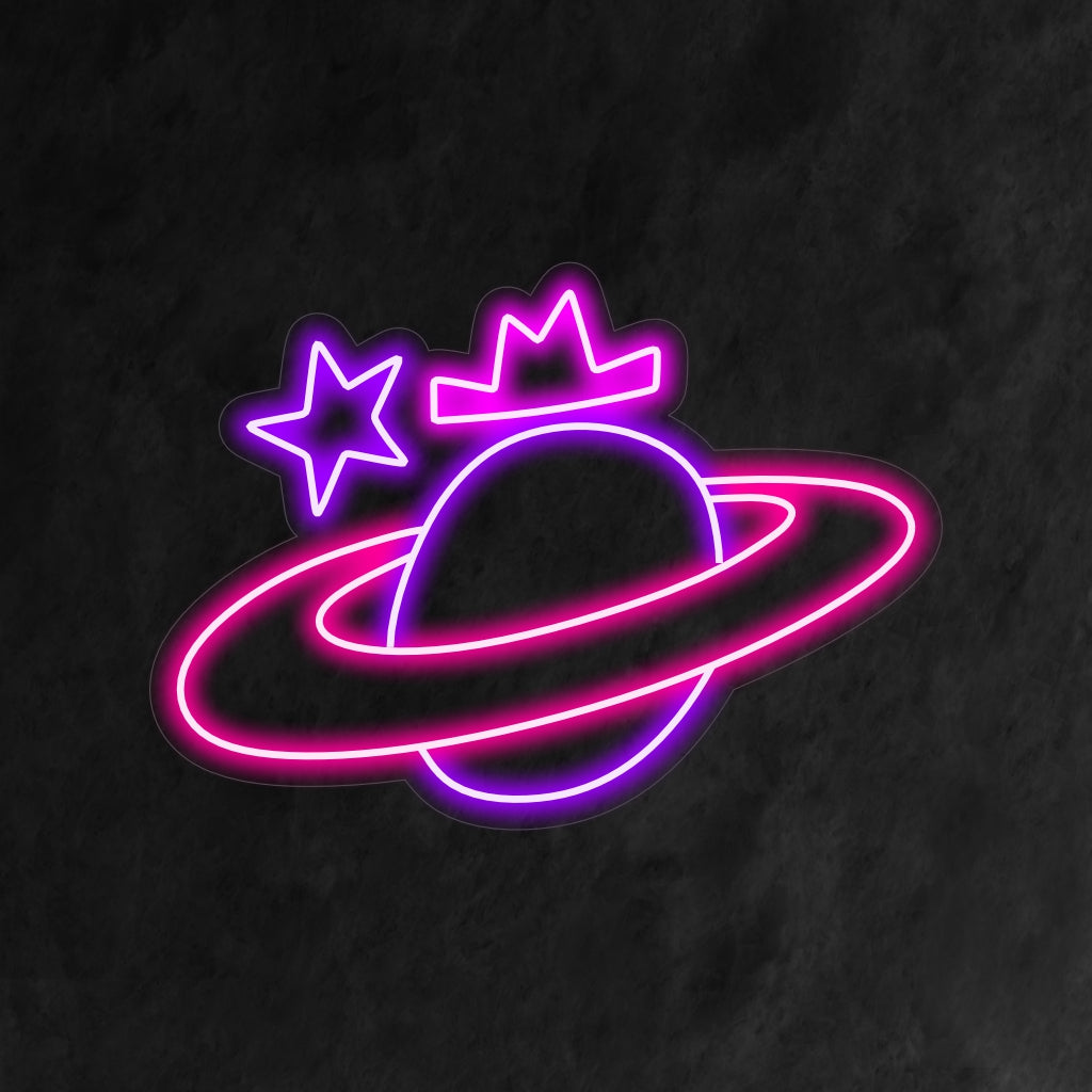 Cosmic Majesty: Saturn with Star and Crown Neon Sign | The Art Neon